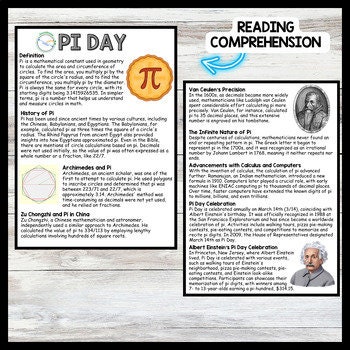 History of Pi Day Reading Comprehension & Questions Worksheet March ...