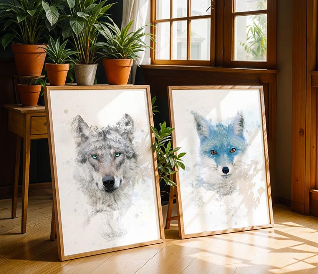 Wolf and Fox Set / Picture Set, Woodlands Animals Print, Snow Animals ...