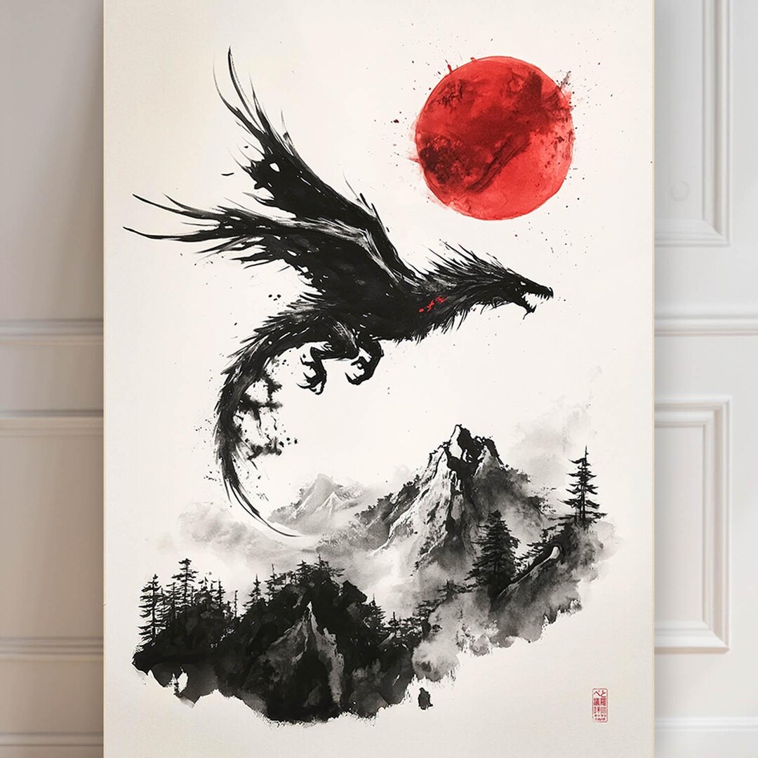 Dragon and Sun Poster | Japanese Dragon Poster | Sumi-e Print | Art ...