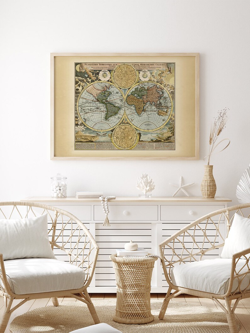 World Map Double Hemisphere Map of the World With Zodiac - Etsy