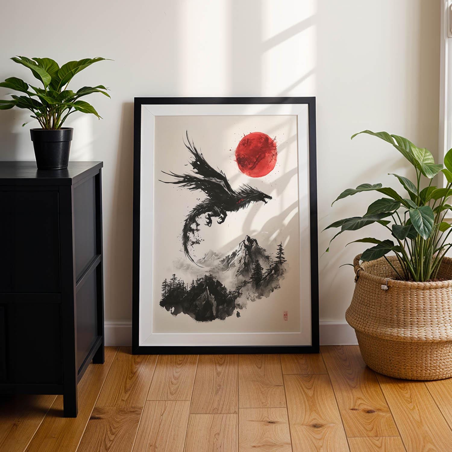 Dragon and Sun Poster | Japanese Dragon Poster | Sumi-e Print | Art ...