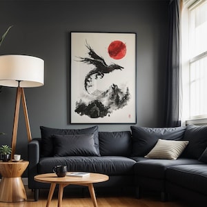 Dragon and Sun Poster | Japanese Dragon Poster | Sumi-e Print | Art ...