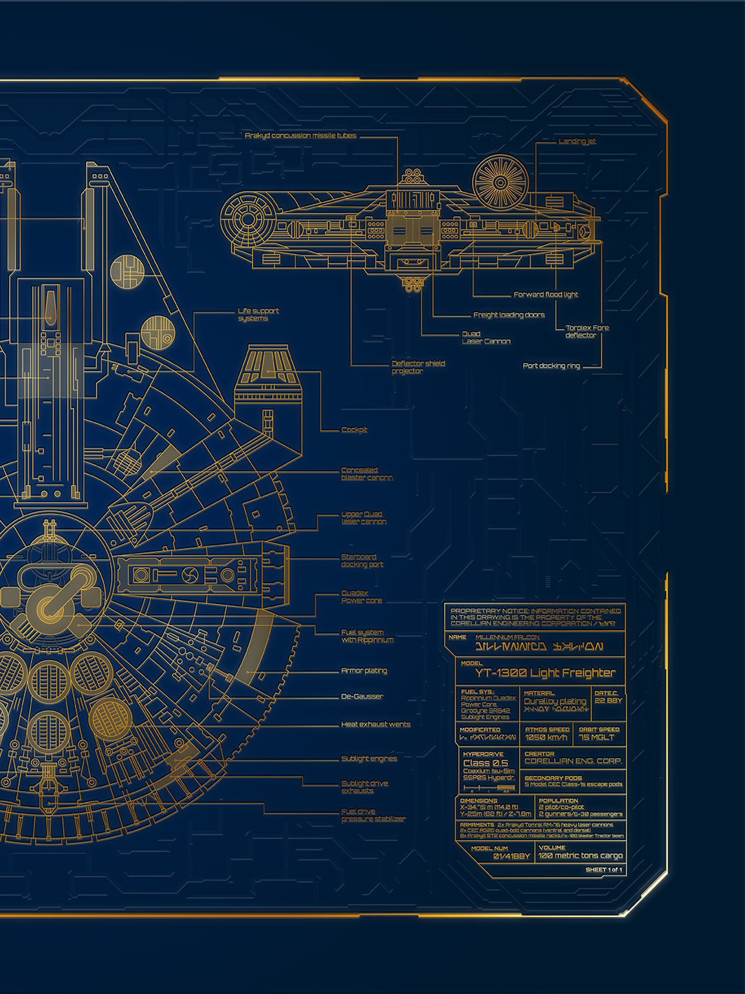 Millennium Falcon YT-1300F Freighter Blueprint Star Wars Gift, Movies ...