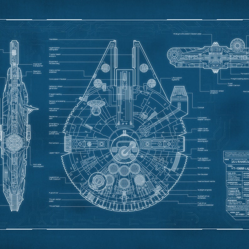 Millennium Falcon Blueprint | Functions of YT-1300F Freighter | Falcon ...