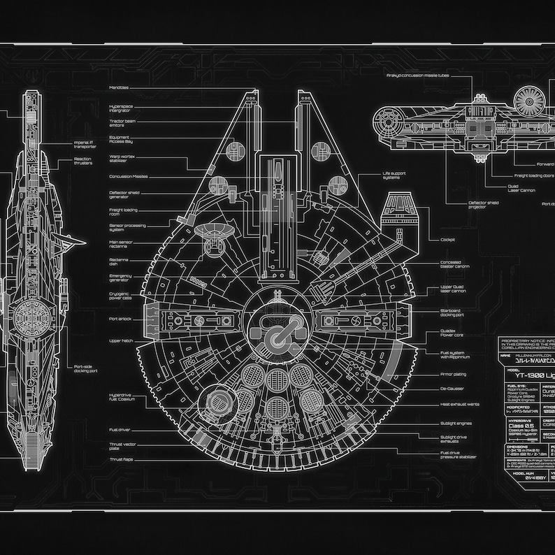 Millennium Falcon Blueprint | Functions of YT-1300F Freighter | Falcon ...