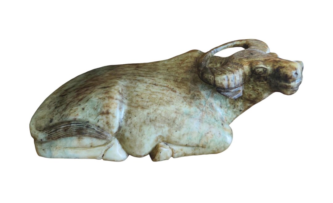 Hand-carved Nephrite Jade Ox Sculpture Natural Green Jade Bull Figurine ...