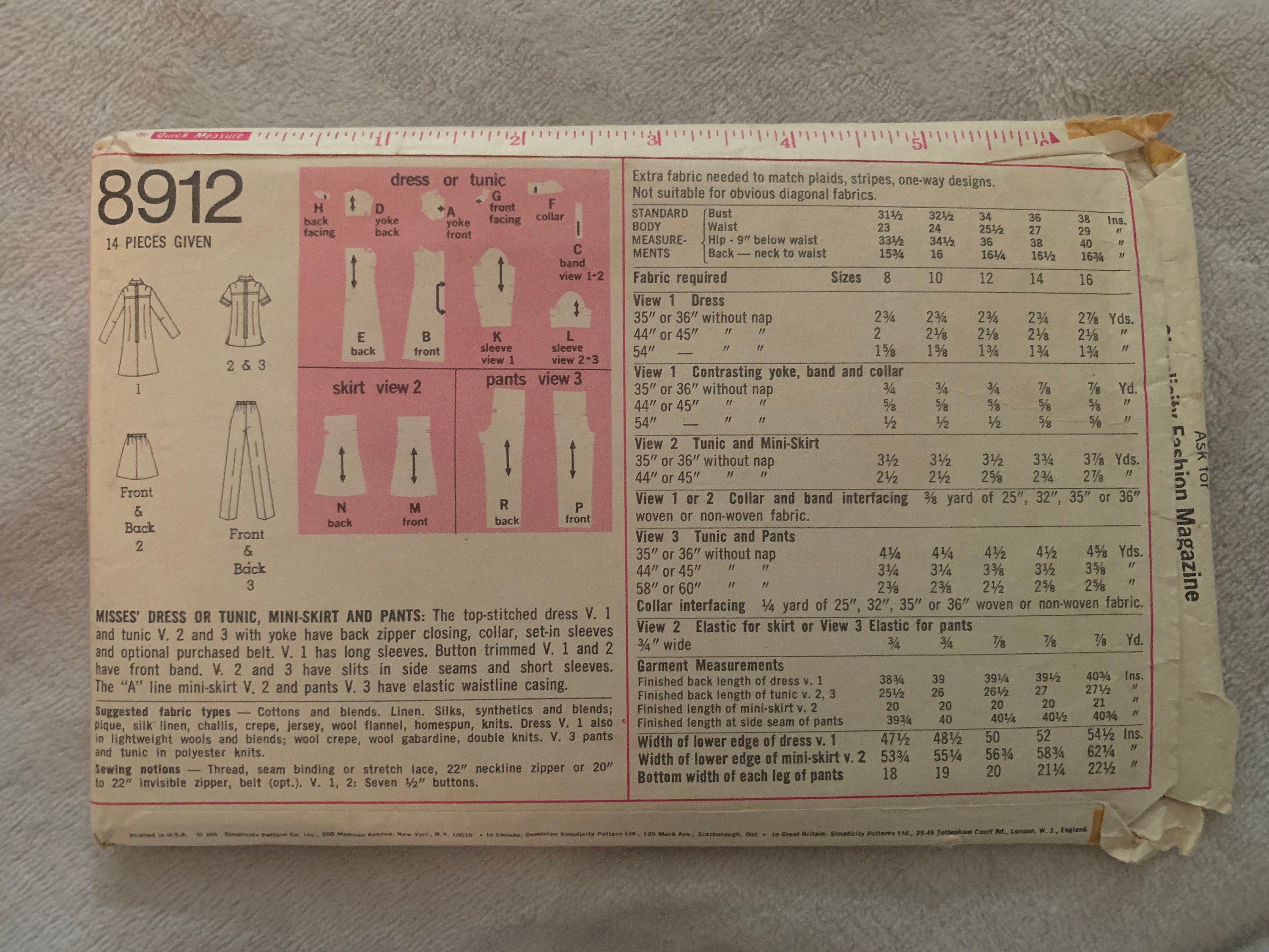 1970 Simplicity 8912 Pattern for Dress/tunic, Mini-skirt, Pants Size 10 ...