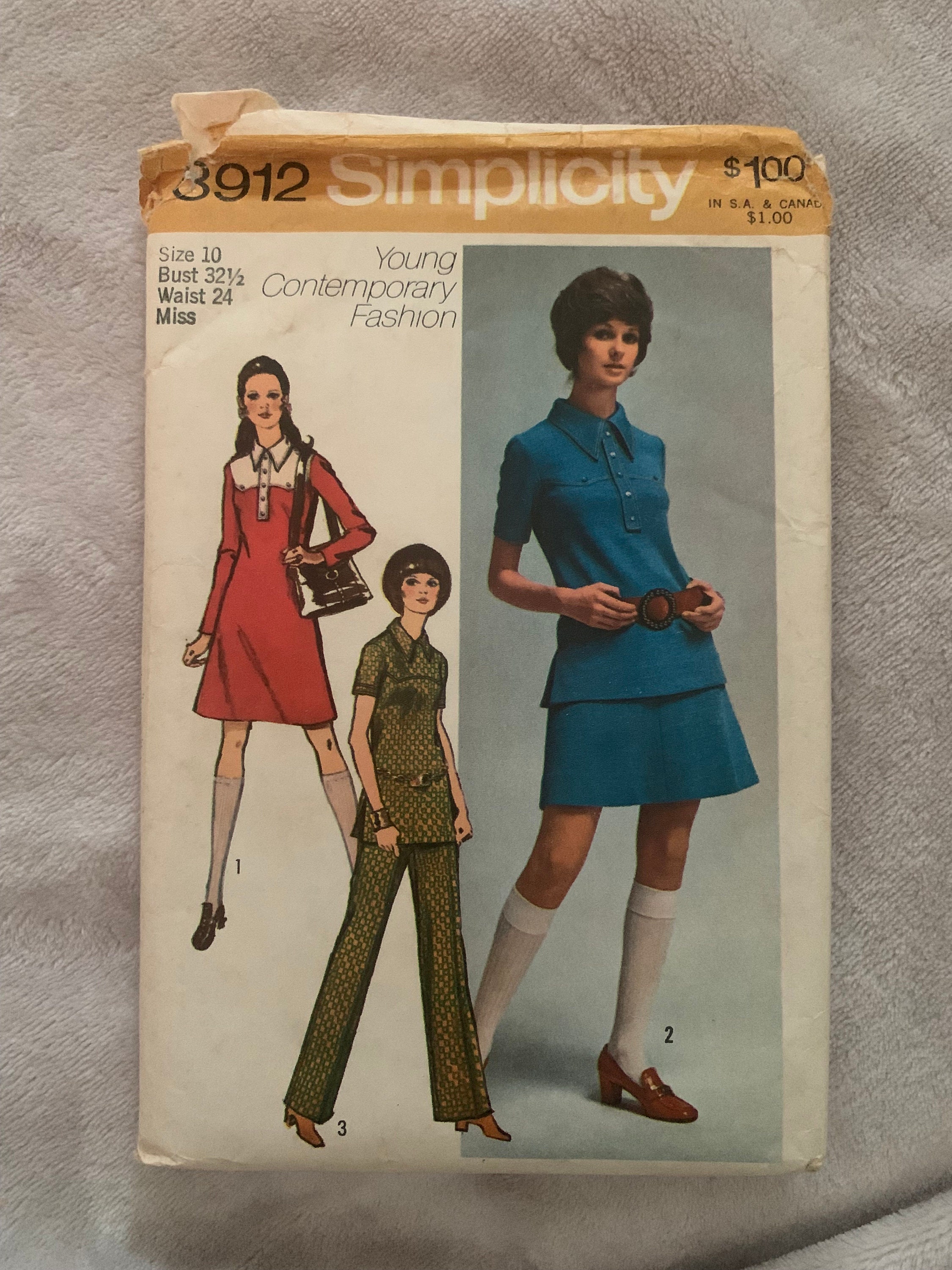 1970 Simplicity 8912 Pattern for Dress/tunic, Mini-skirt, Pants Size 10 ...