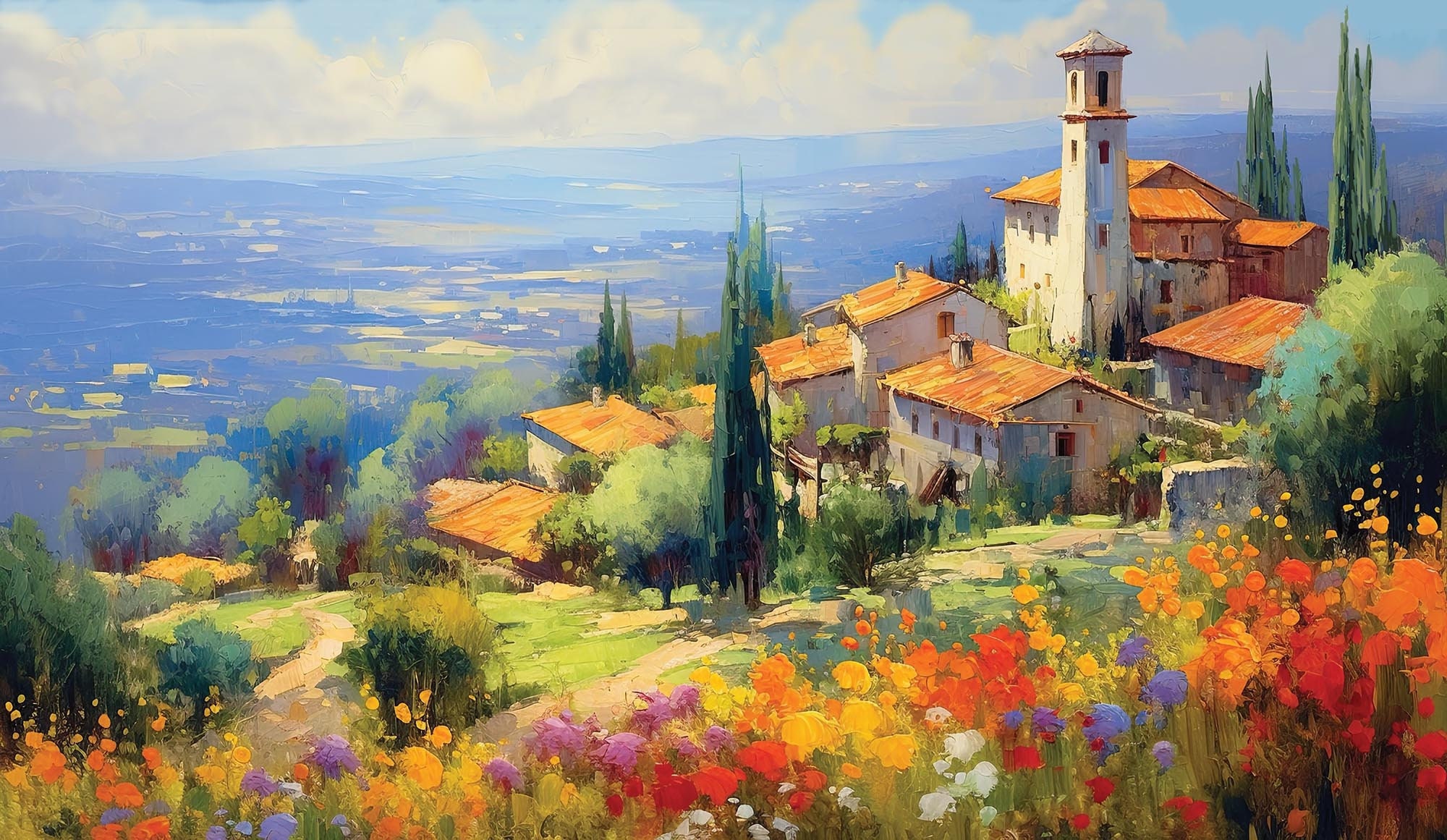 Colorful Tuscan Italian Hill Top Village in Summer, Instant Digital ...