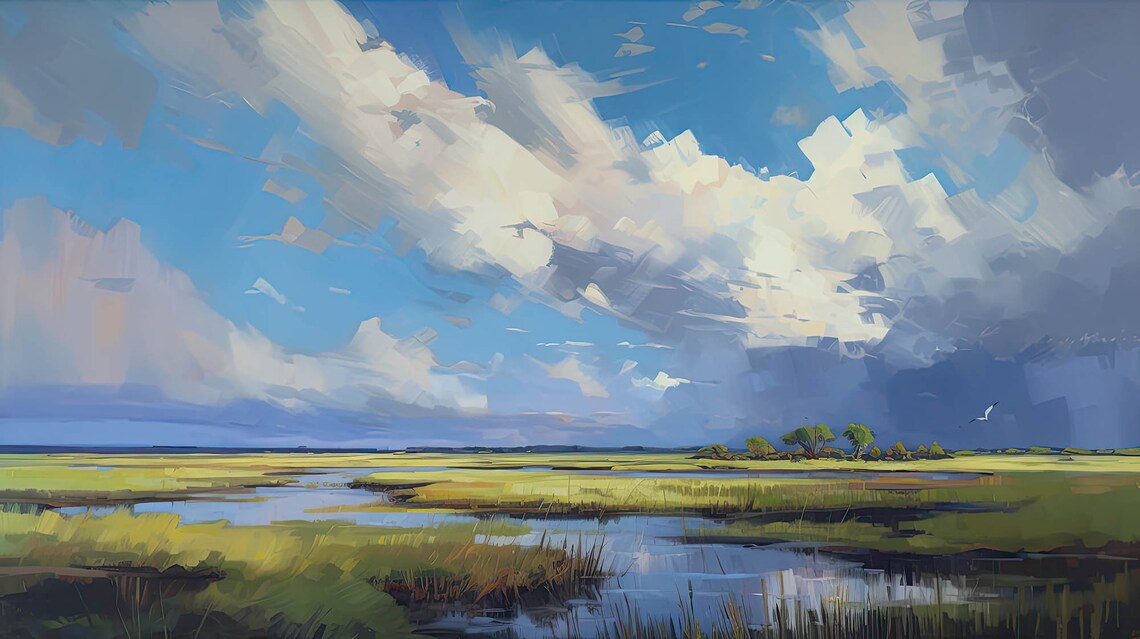 Salt Marsh Landscape Art: Vintage Post Impressionism Painting (digital ...