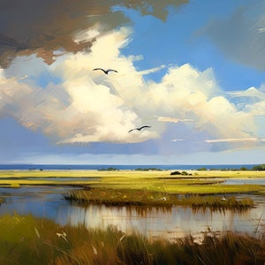 Salt Marsh Landscape Art Print: Vintage Coastal Storm Painting (digital ...