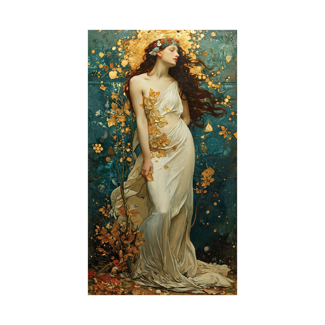 Beautiful Woman Wall Art Flowers Gold Leaf Design Vintage 19th Century ...