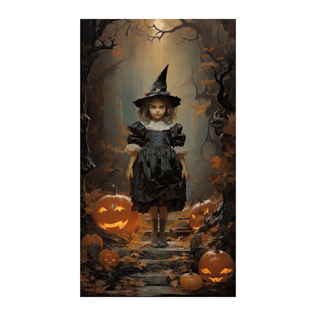Vintage Halloween Art Print: Little Witch Girl, Pumpkins (digital ...