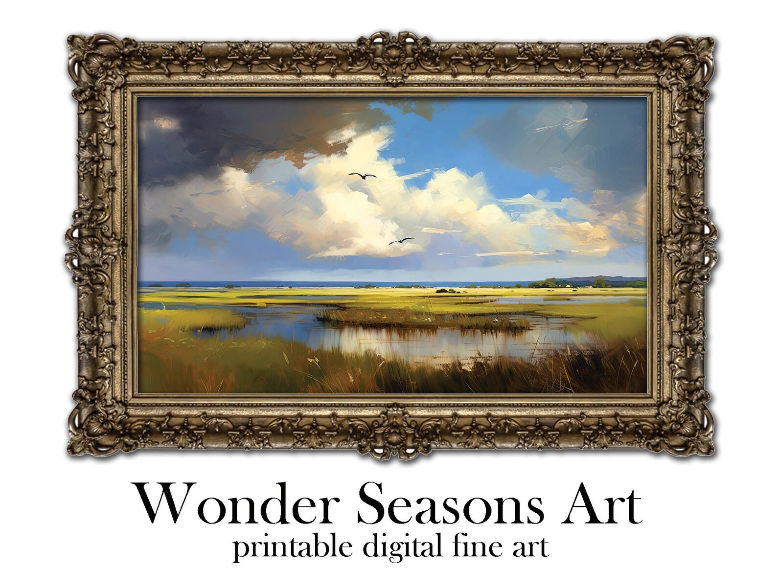 Salt Marsh Landscape Art Print: Vintage Coastal Storm Painting (digital ...