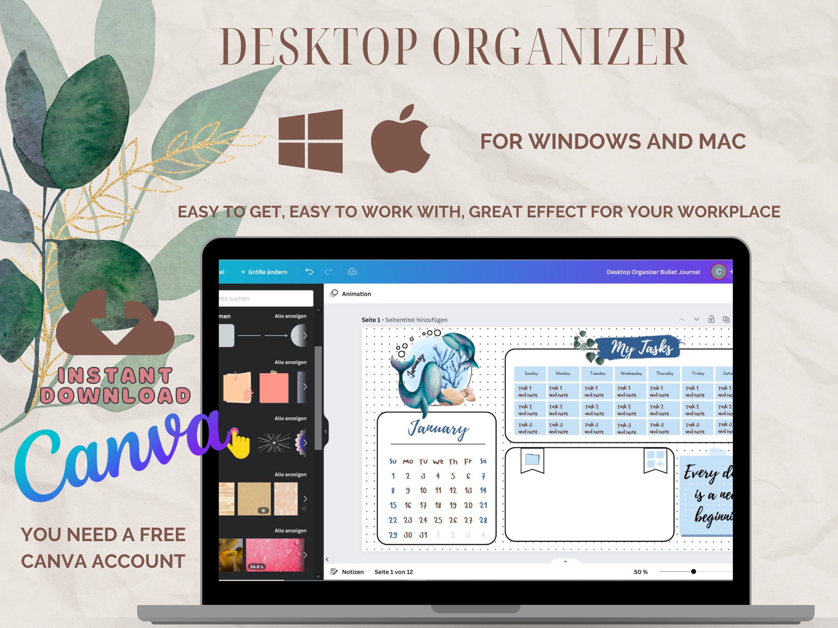 Bullet Journal Desktop Organizer With Calender and Folder Icons - for ...