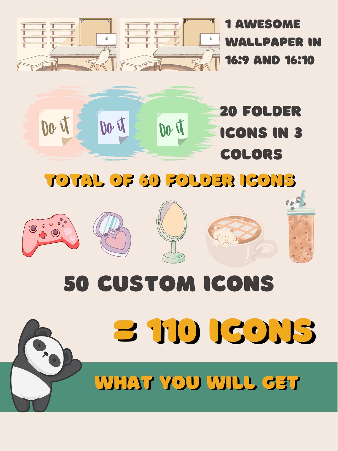 Desktop Wallpaper Organizer With 110 Cute Icons for Mac and Windows - Etsy