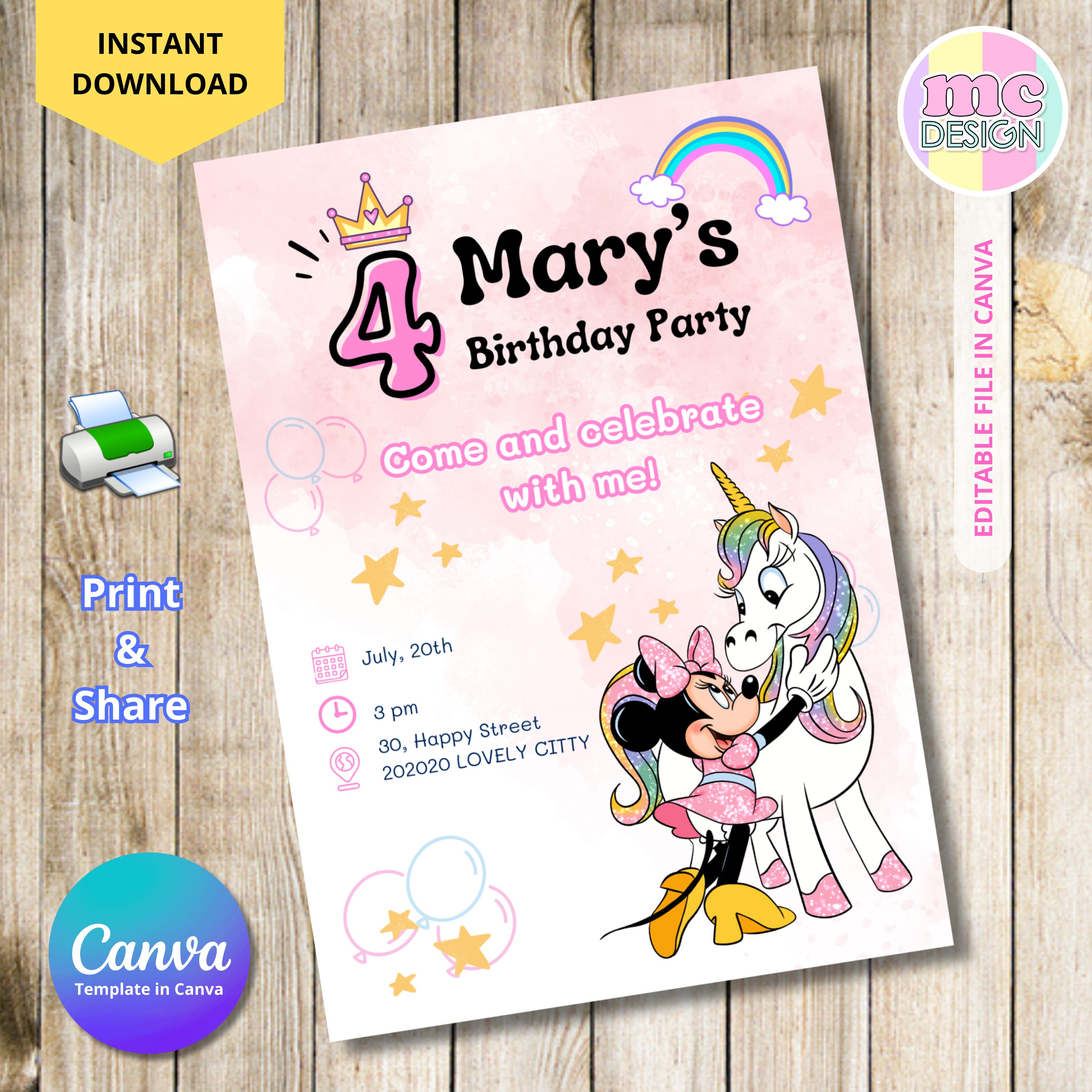 Minnie Mouse Invitation Template | Editable Cartoon Birthday ...