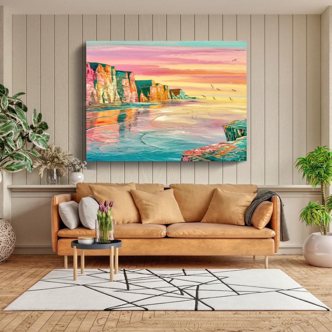 Vibrant Coastal Cliffside Painting Canvas Art for Dynamic and Serene ...