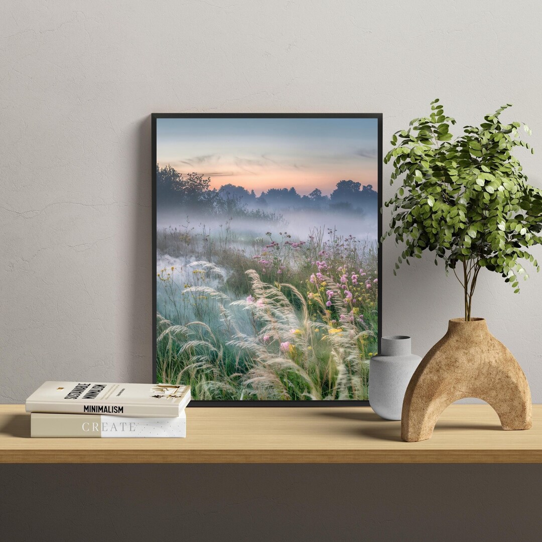 Misty Morning Meadow Wall Art, Soft Grasses and Wildflowers in Pastel Tones Canvas Print ...