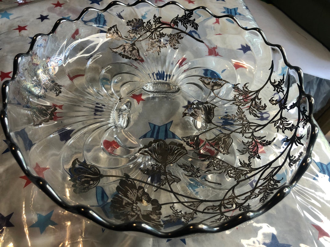 1940s Silver City Glass Co. Silver Overlay Round Raised Serving Bowl - Etsy