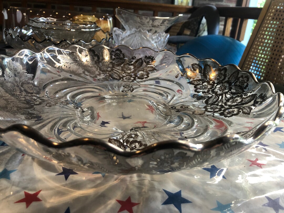 1940s Silver City Glass Co. Silver Overlay Round Raised Serving Platter ...