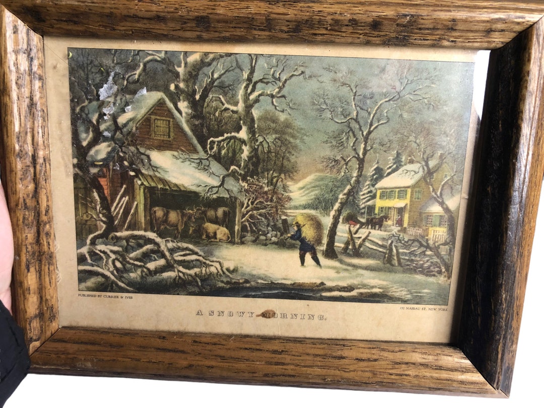 Vintage Currier and Ives Snowy Morning Colored Print, Wood Framed Snowy ...