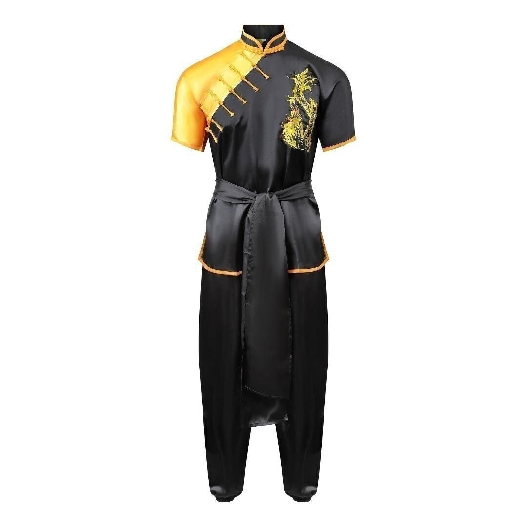 Wushu Silk Martial Arts Gi Black / Yellow Outfit Uniform Adults Fancy ...