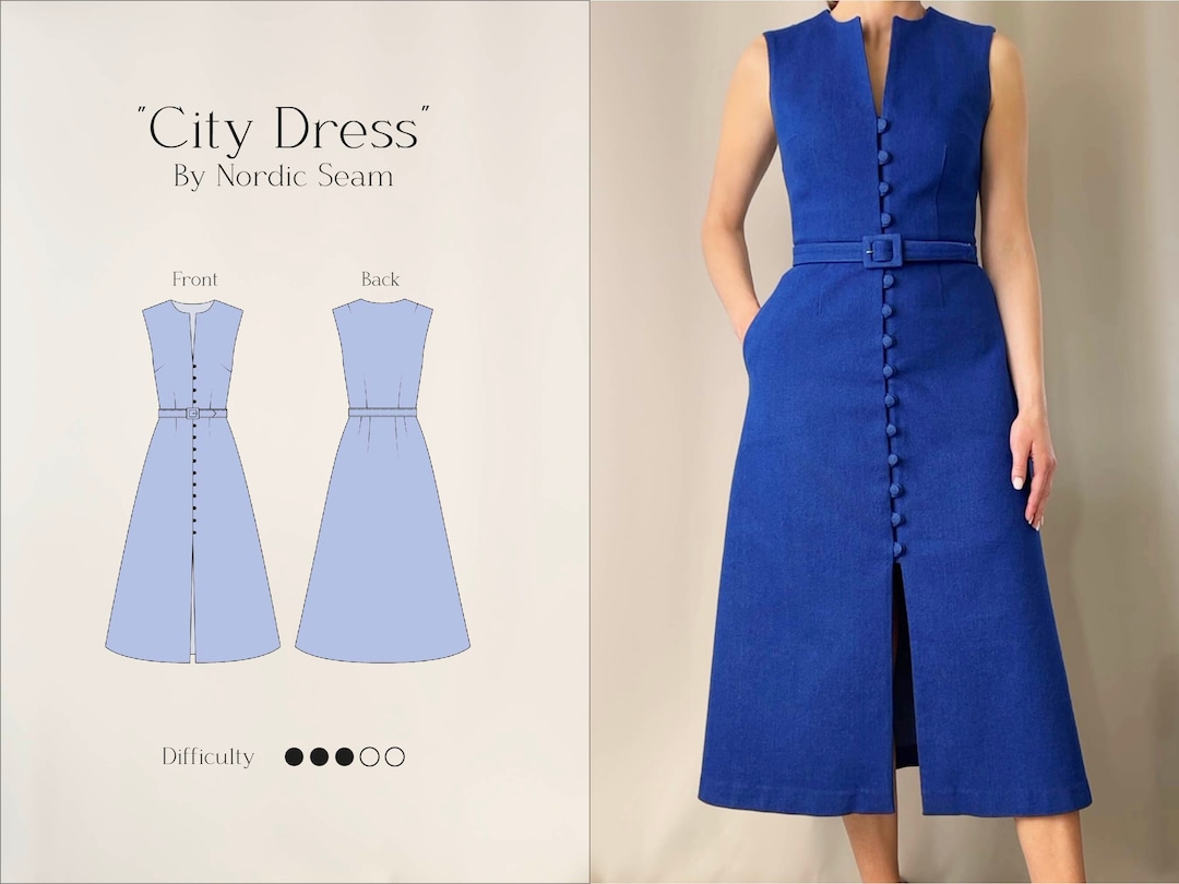 Digital Sewing Pattern Midi Dress With V-neck and Pockets, Detailed ...