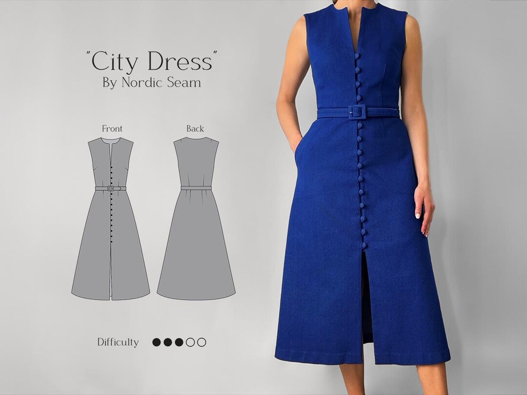 Digital Sewing Pattern Midi Dress With V-neck and Pockets, Detailed ...