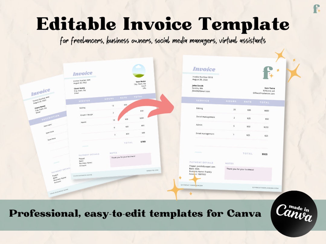 Editable Invoice Template Canva | Freelance Invoice Template | VA ...