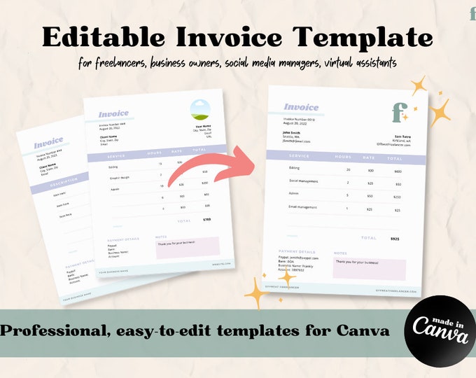 Editable Invoice Template Canva Freelance Invoice Template VA Invoice ...
