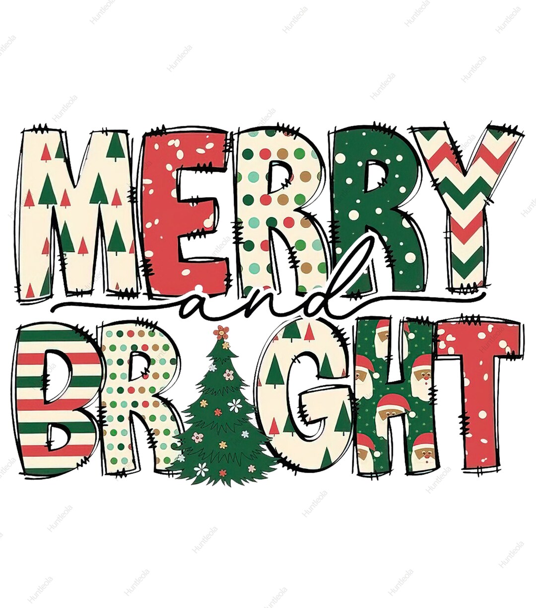 Merry and Bright Hand Drawn Sublimation Design PNG File - Etsy