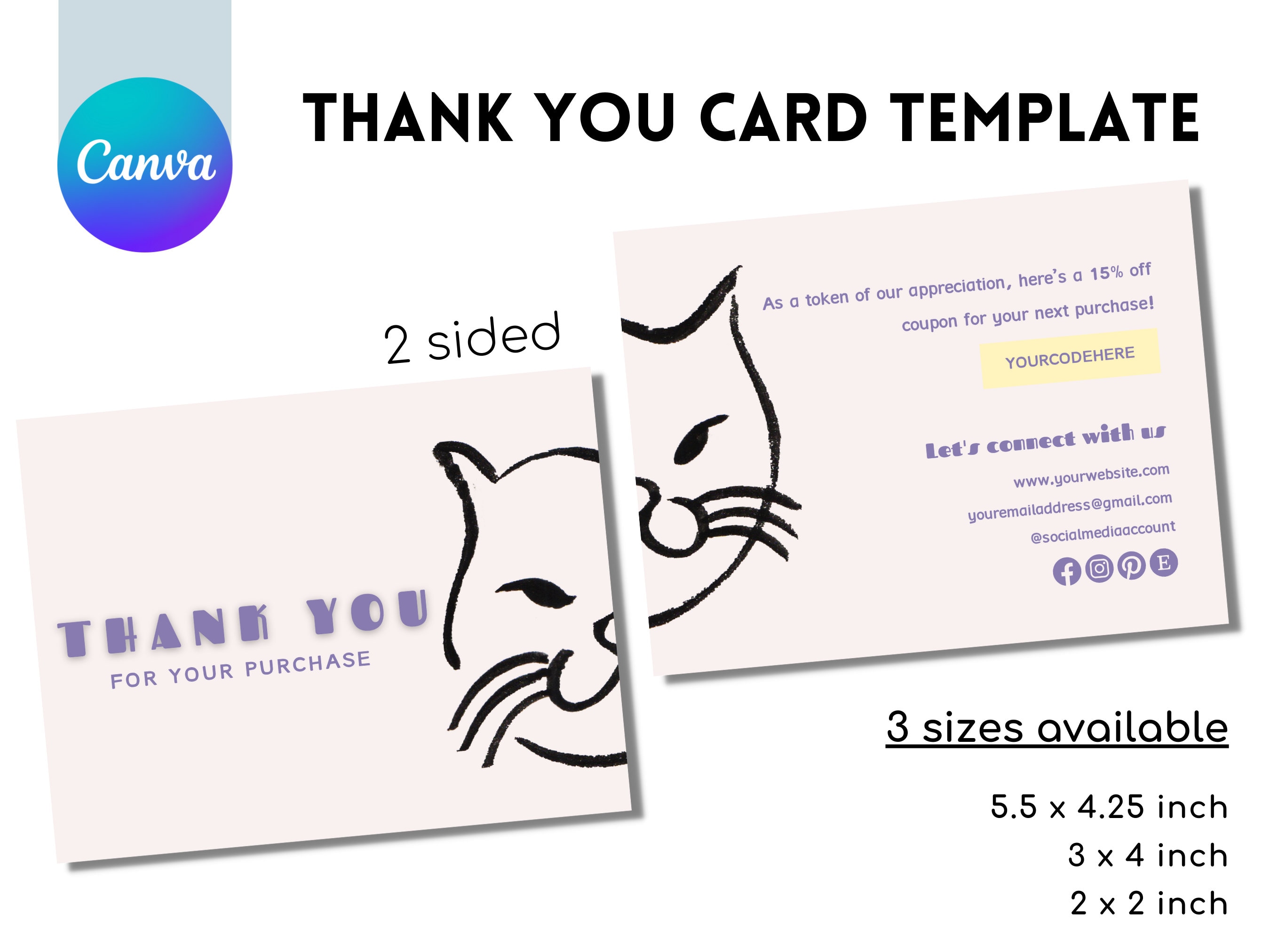 Cat Thank You Card Template Thank You Card Insert Small Business Thank ...