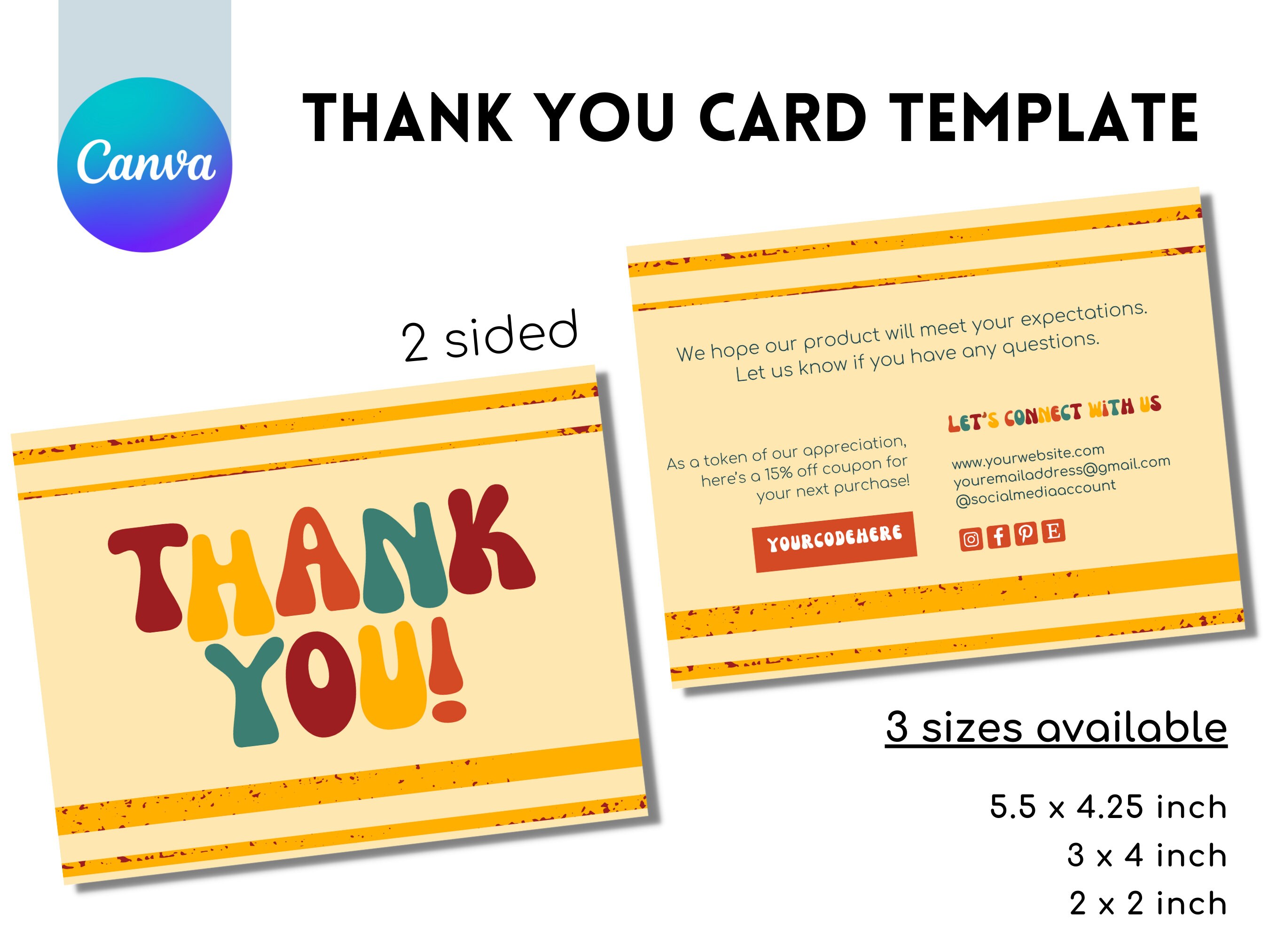 Editable Thank You Card Template Colorful Thank You Card Insert Small ...