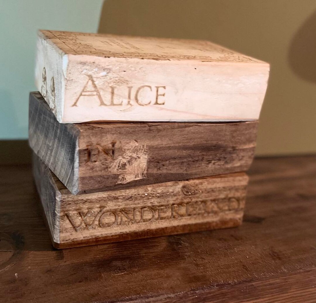 Alice in Wonderland Wooden Book Stack, Handmade Laser Engraved 3 Alice ...