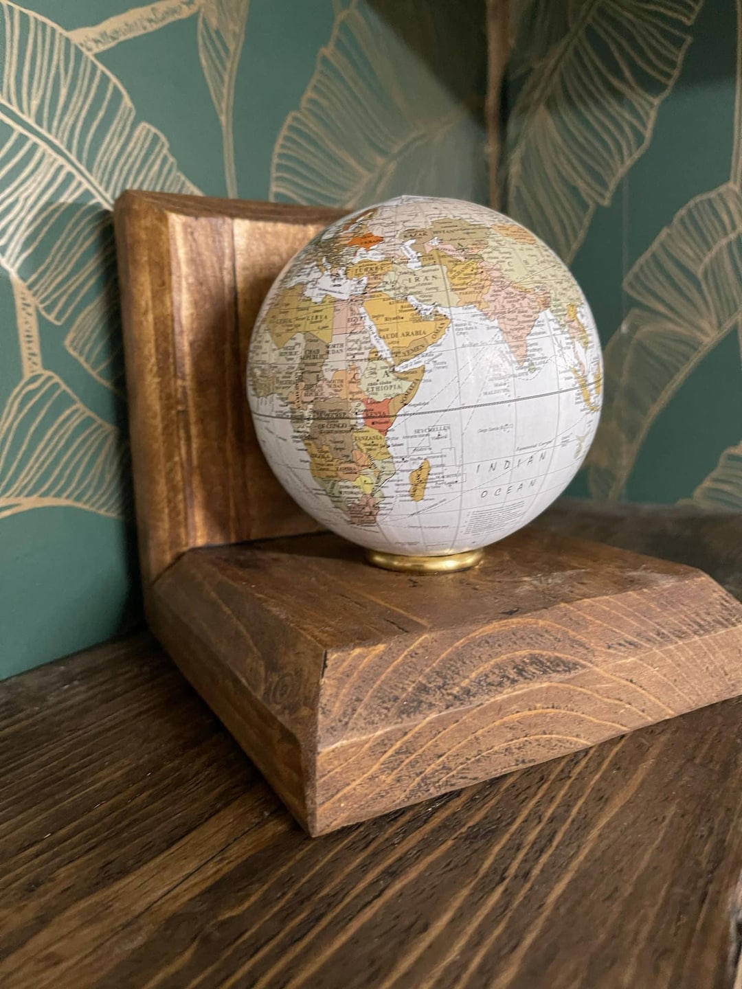 Antique Globe RUSTIC WOODEN BOOKENDS Handmade Book Organiser Natural ...