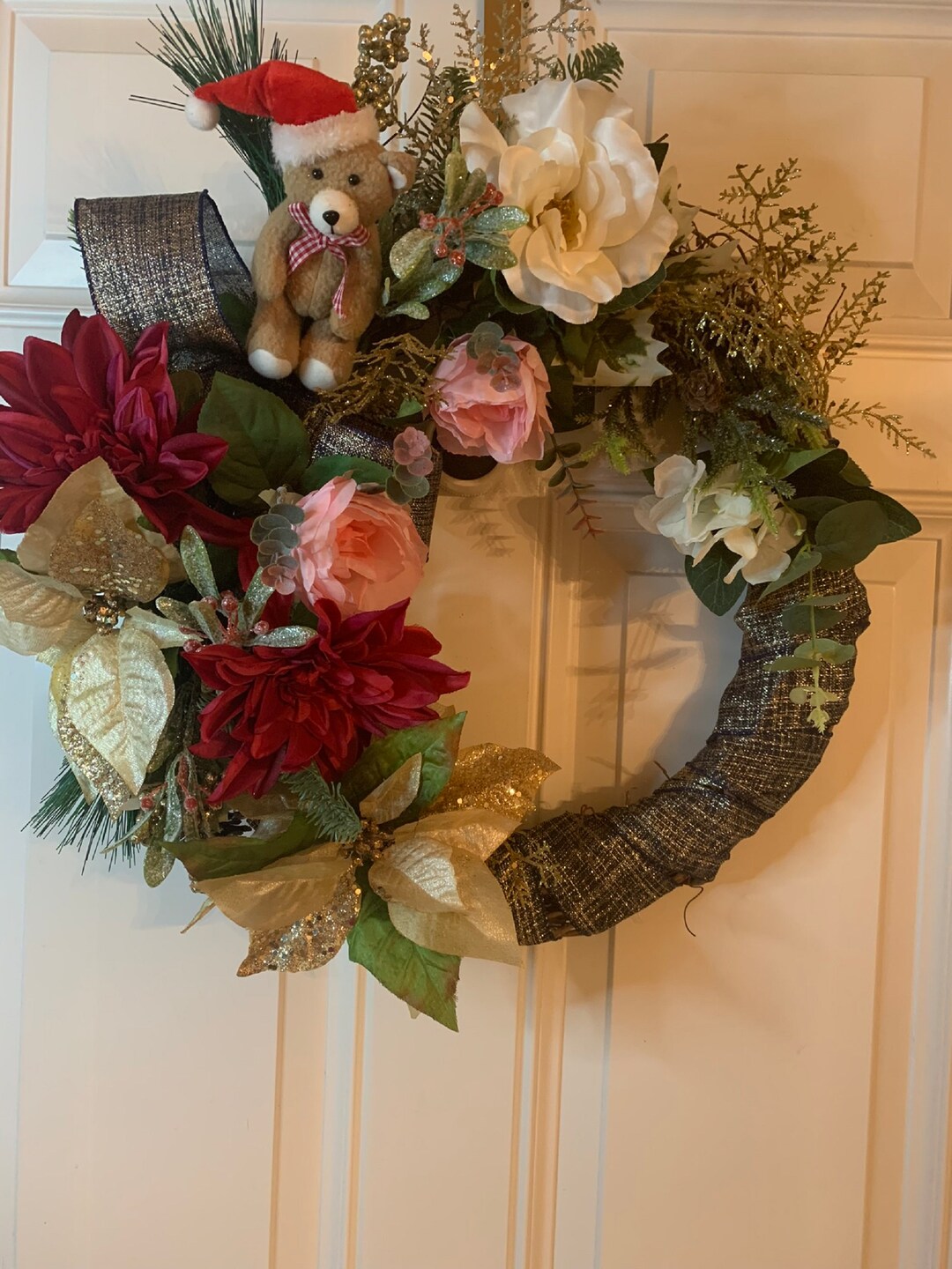 Front Door/indoor Grapevine Christmas Wreath, Santa Teddy Bear/glittery ...
