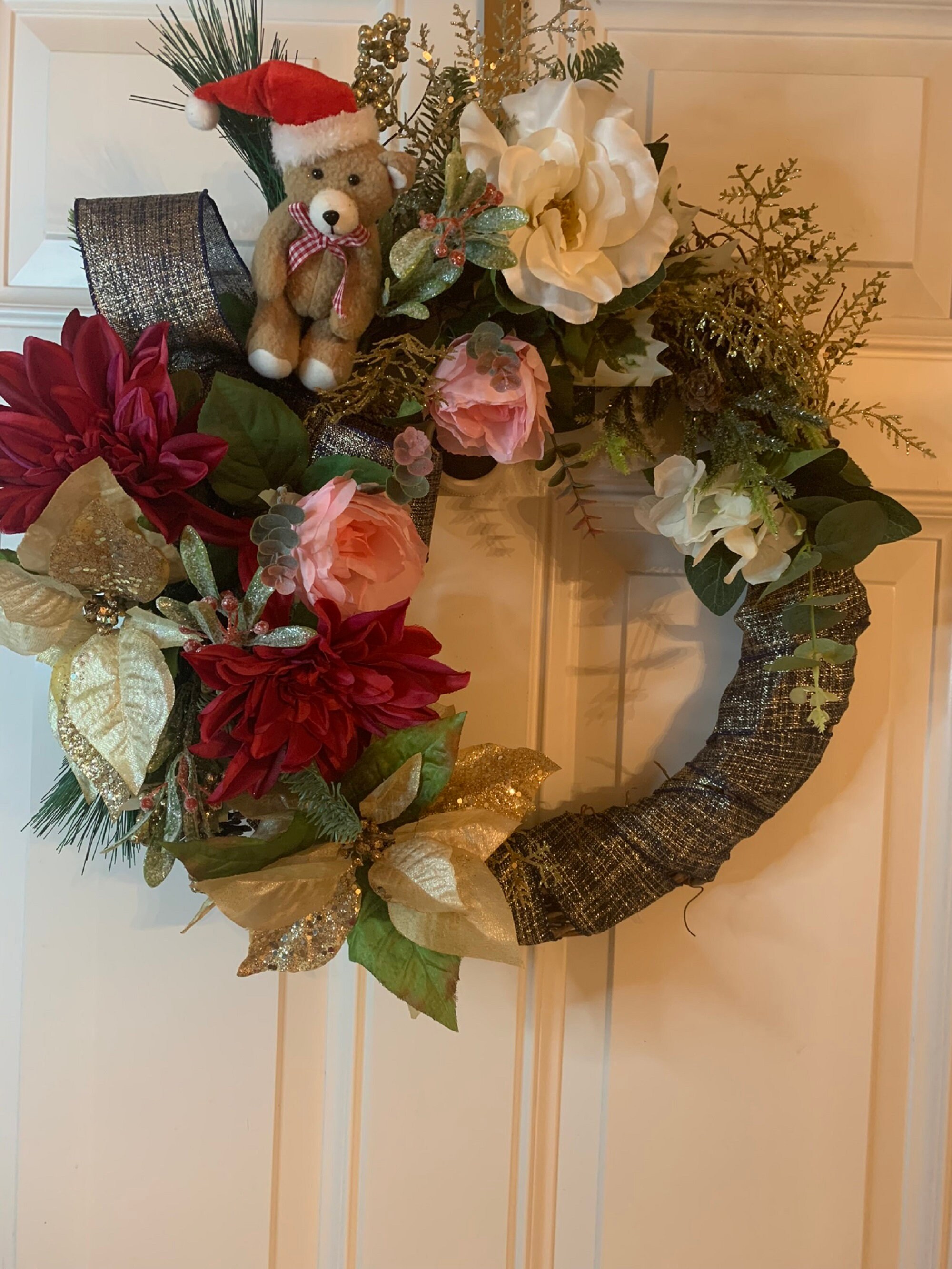 Front Door/indoor Grapevine Christmas Wreath, Santa Teddy Bear/glittery ...