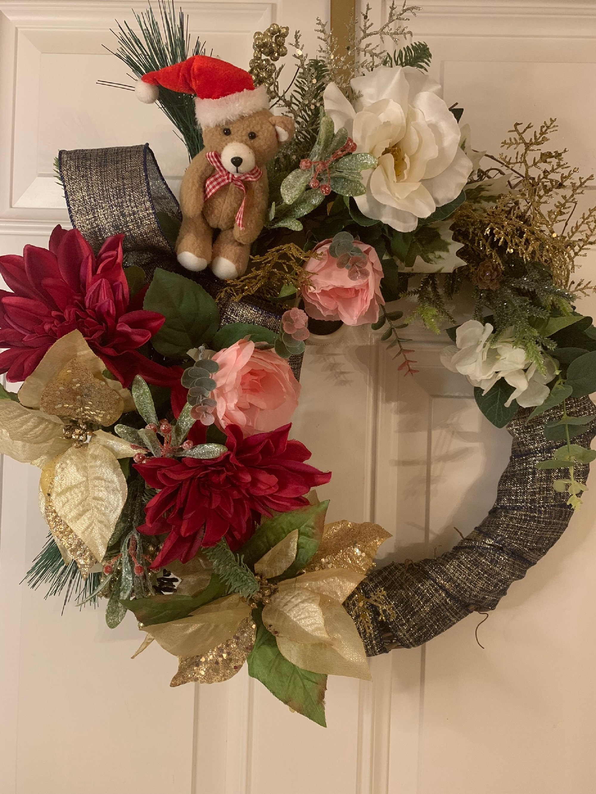 Front Door/indoor Grapevine Christmas Wreath, Santa Teddy Bear/glittery ...