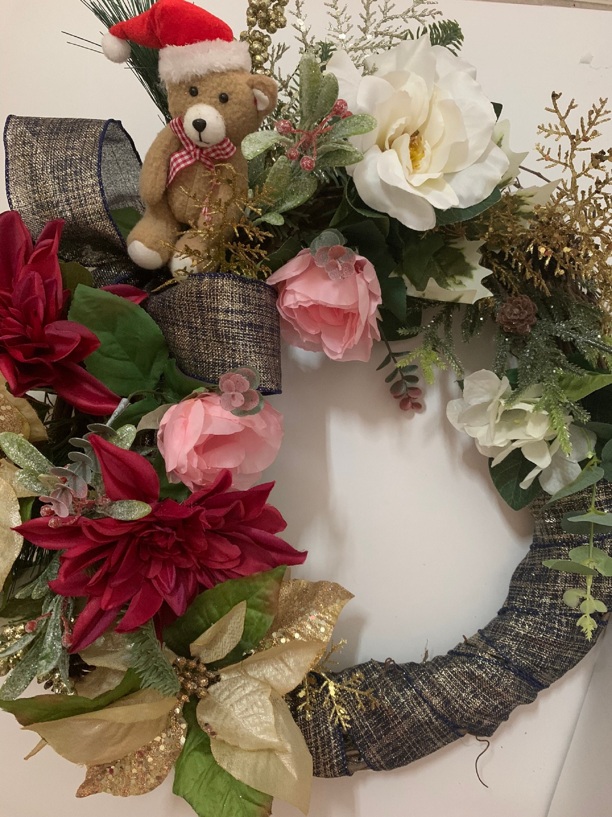 Front Door/indoor Grapevine Christmas Wreath, Santa Teddy Bear/glittery ...