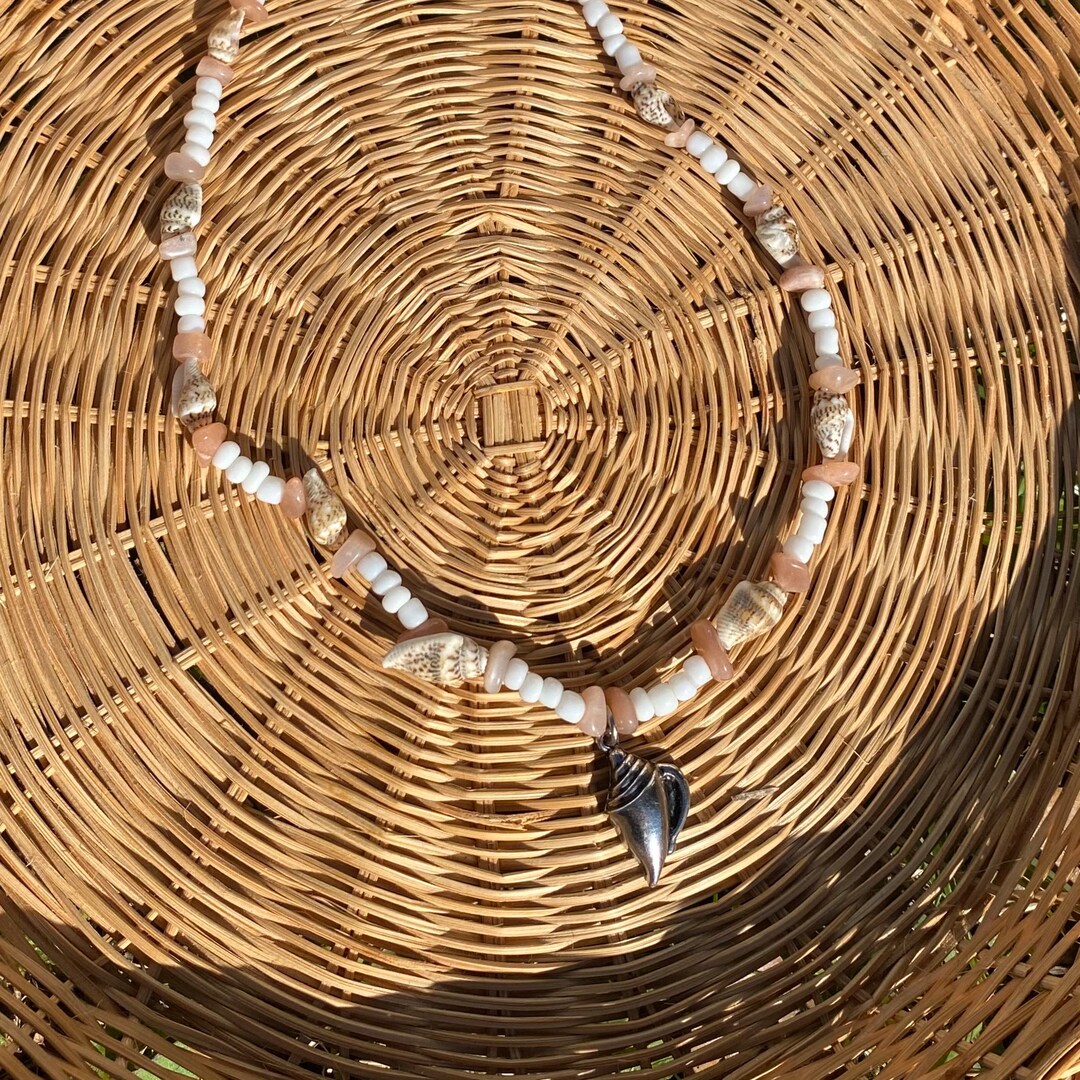 Handmade Seed Bead Sunstone & Seashell Necklace With Charm, Seashell ...