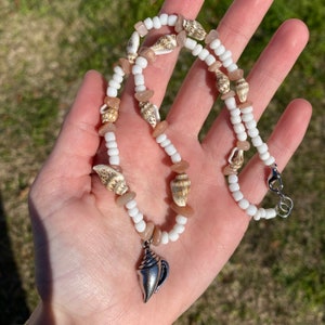 Handmade Seed Bead Sunstone & Seashell Necklace With Charm, Seashell ...