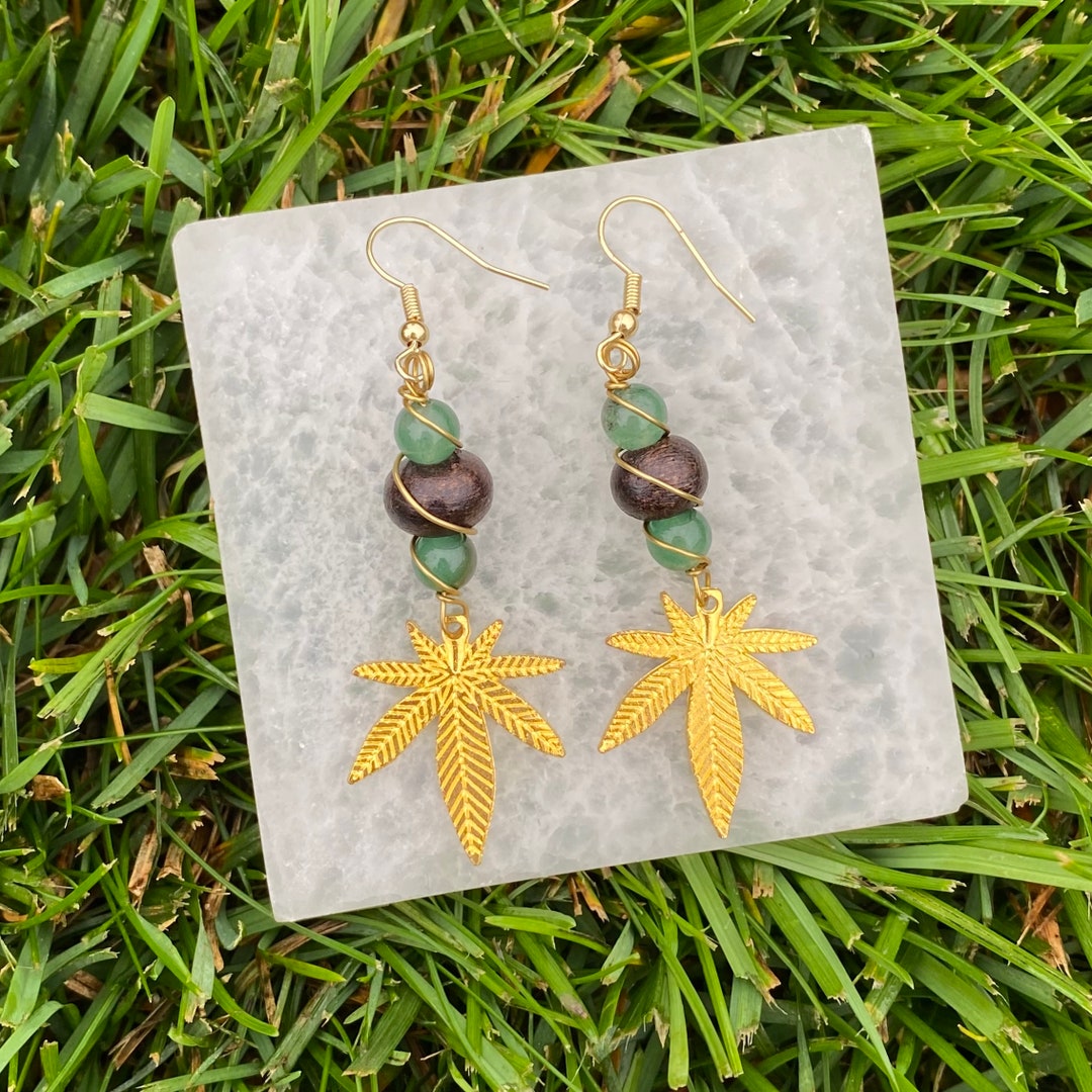Handmade Beaded Green Aventurine Weed Charm Earrings, Gold Cannabis ...