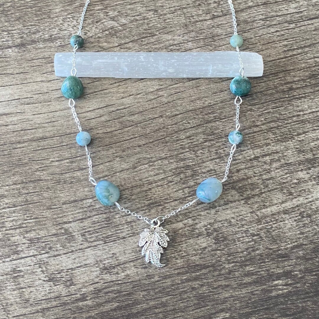 Handmade Moss Agate Chain Leaf Charm Necklace Moss Agate Leaf - Etsy
