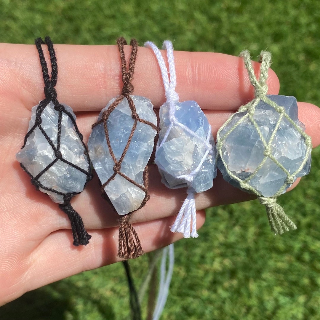 Handmade Raw Blue Calcite Macrame Necklace, Crystal Macrame Necklace ...