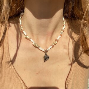 Handmade Seed Bead Sunstone & Seashell Necklace With Charm, Seashell ...