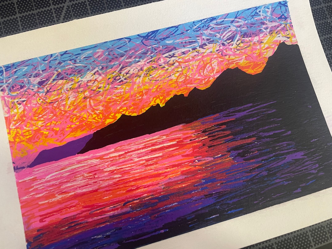 Original Sunset Landscape in Posca Pens 7x10 on Watercolor Paper - Etsy