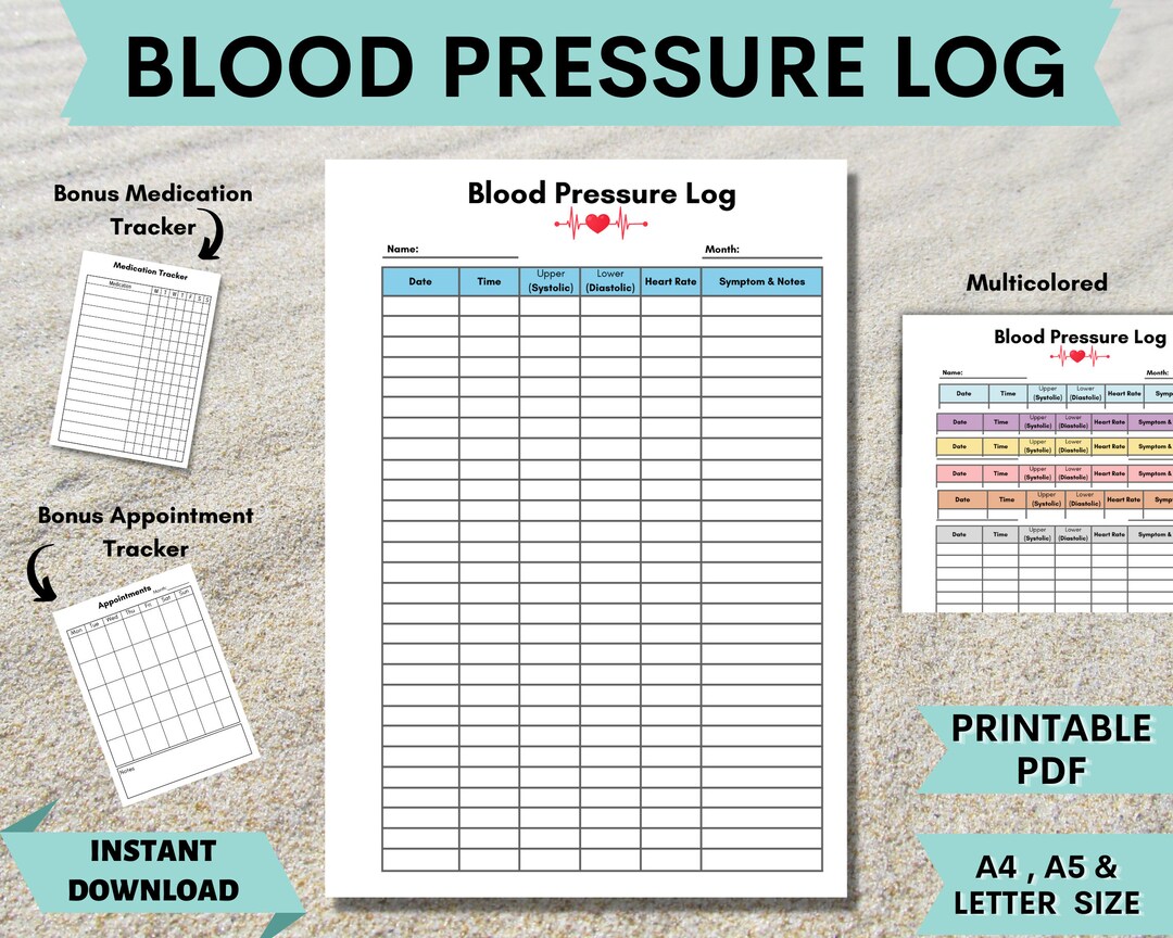 Blood Pressure Log, Health Tracker, Blood Pressure Chart, Medical ...
