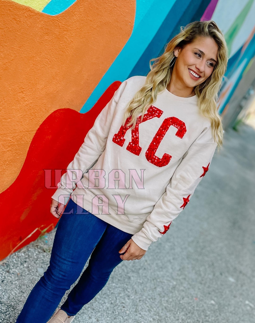 EMBROIDERED Tan KC Sequins Sweatshirt || KC Chiefs Sweatshirt || Kc ...