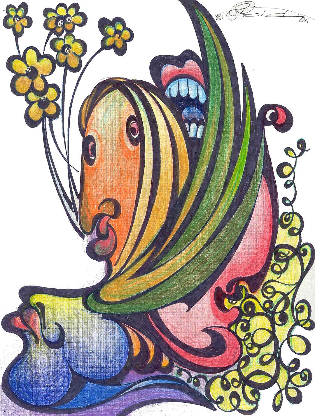 1379 Family India Ink, Color Pencil on Paper 9x12 2006 - Etsy
